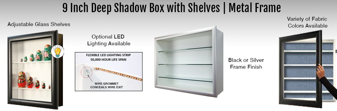 Discover 9" Deep Super Wide-Face Metal Frame Shadow Boxes with Shelves ...