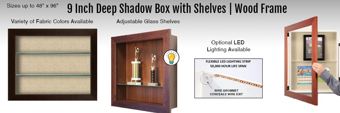 Premium 9" Deep Wide Wood Framed Shadow Box Display Cases with Shelves ...