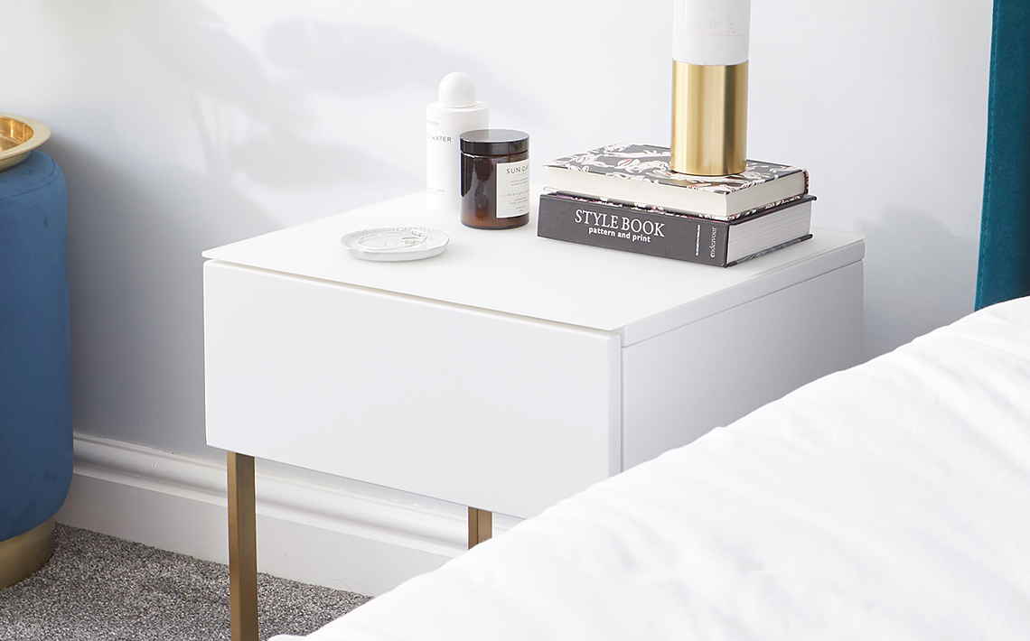 White Single Drawer Bedside Table | White & Brass Side Table | Danetti