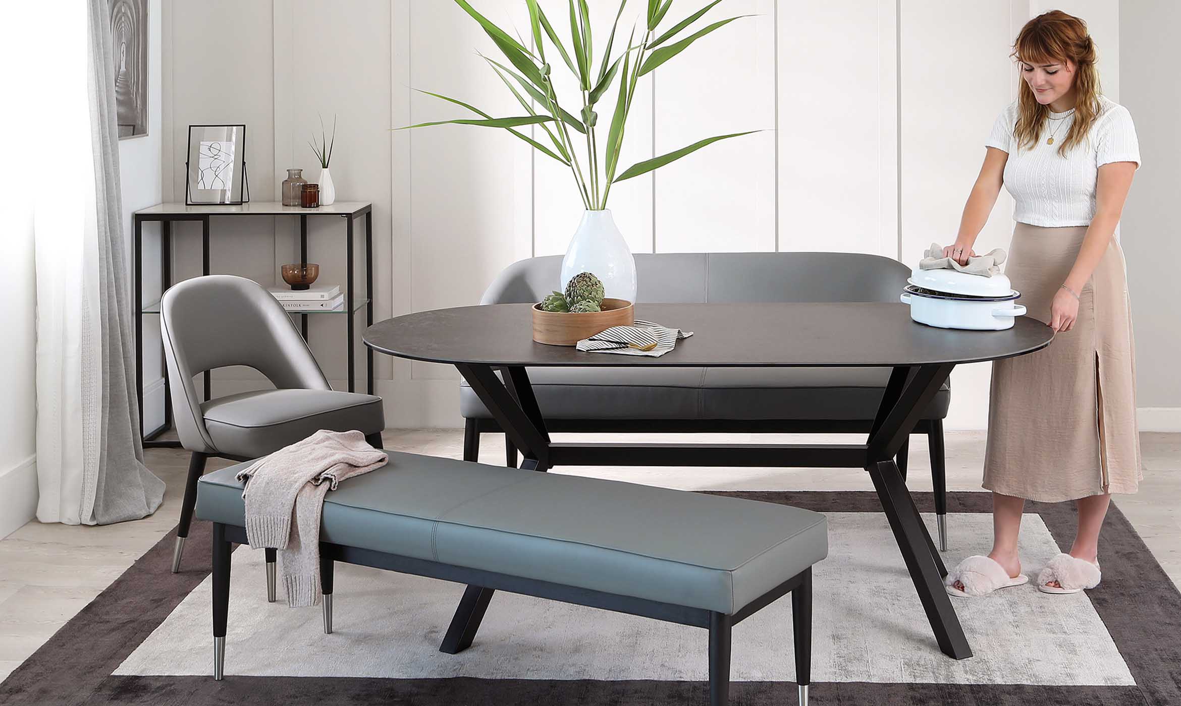 Clover Mid Grey Faux Leather Dining Bench With Backrest | Danetti