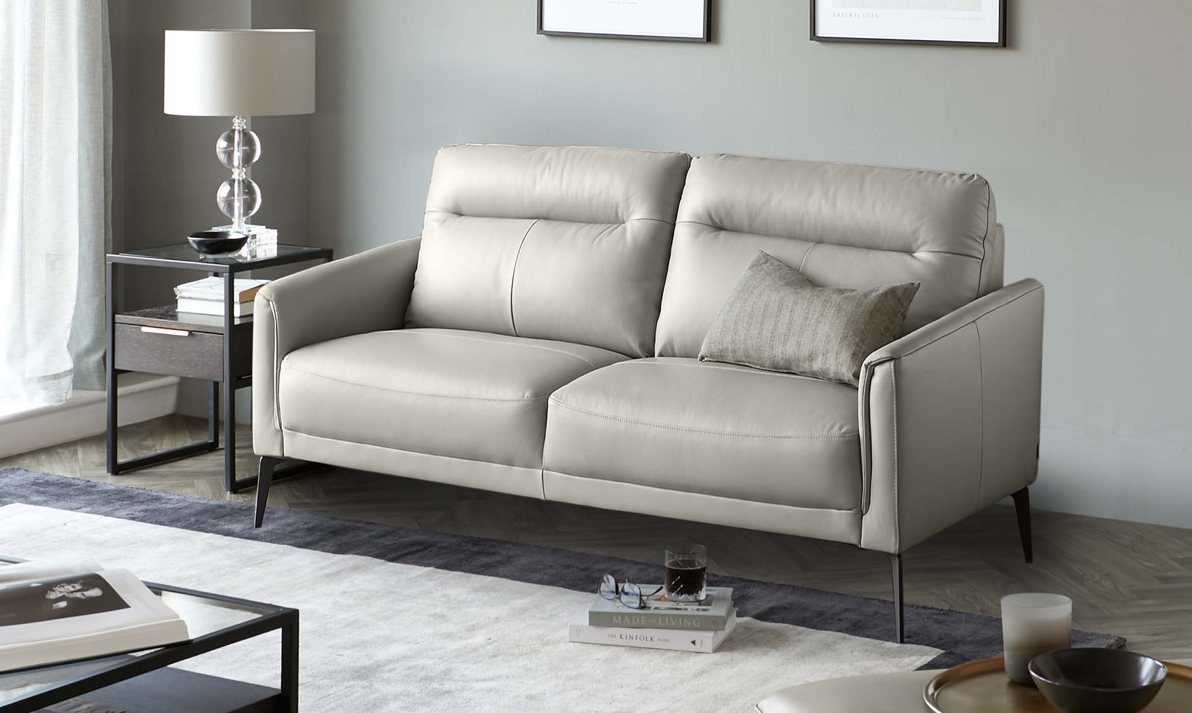 Brooks Light Grey Leather Pleat 2 Seater Sofa by Danetti