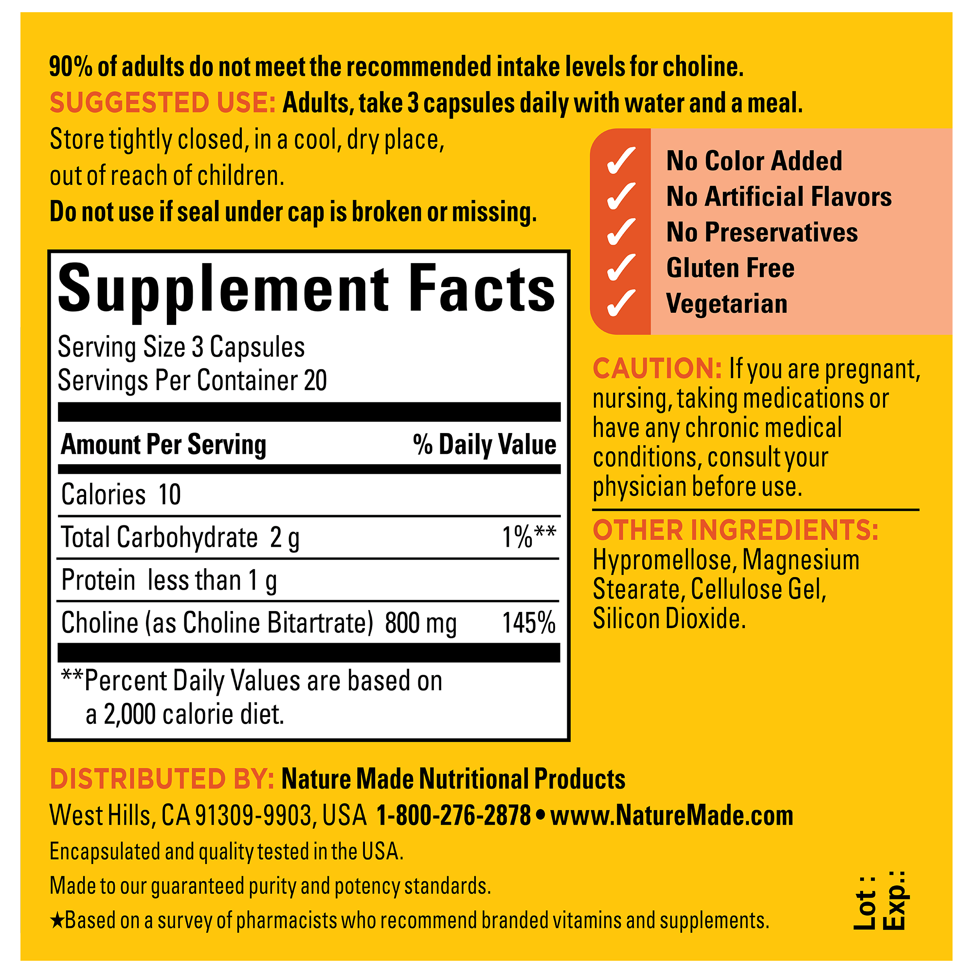 Choline Extra Strength Dosage 800 Mg Per 3 Capsules & Nature Made®