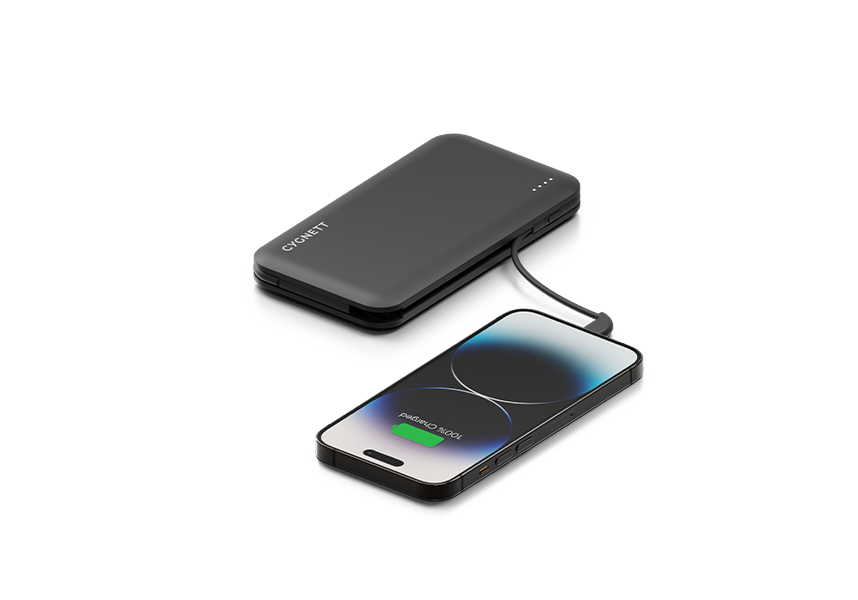 10,000 mAh Power Bank with Integrated Charging Cables - Black